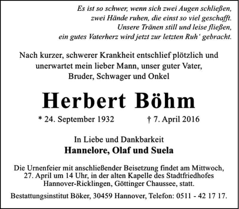 Traueranzeigen von Herbert Böhm | trauer-anzeigen.de