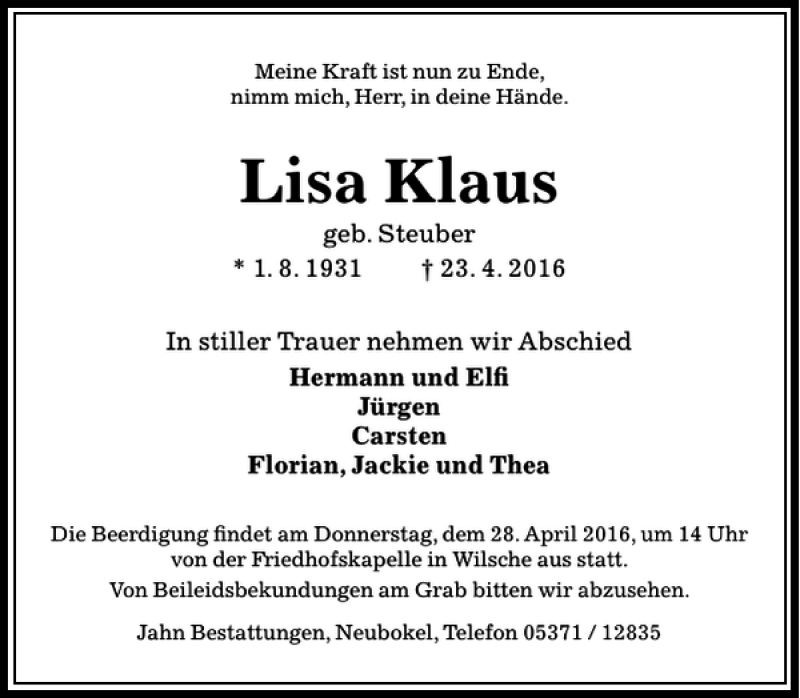 Traueranzeigen von Lisa Klaus | trauer-anzeigen.de