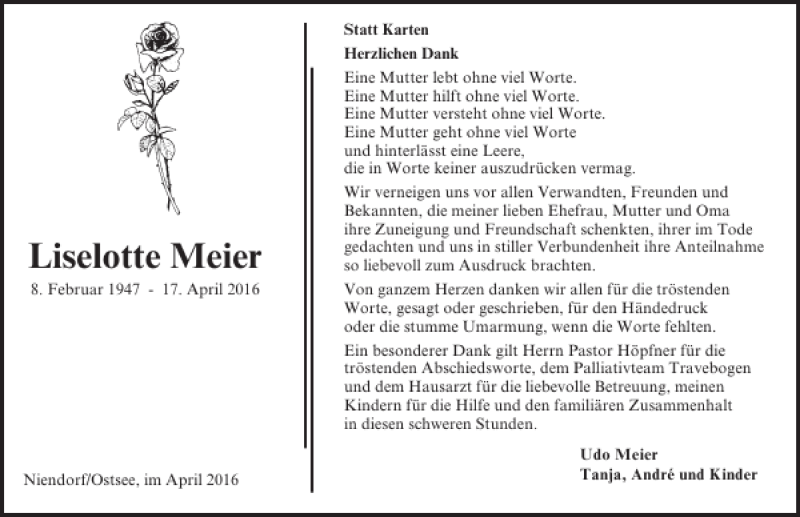 Traueranzeigen von Liselotte Meier | trauer-anzeigen.de