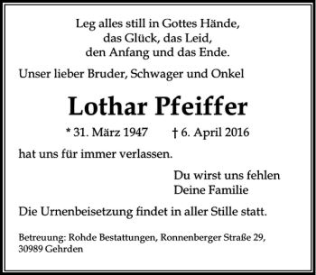 Traueranzeigen von Lothar Pfeiffer | trauer-anzeigen.de