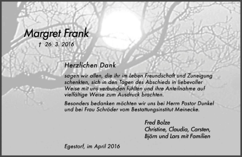 Traueranzeigen von Margret Frank | trauer-anzeigen.de