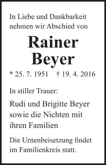 Traueranzeigen von Rainer Beyer | trauer-anzeigen.de