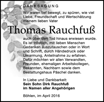 Traueranzeigen von Thomas Rauchfuß | trauer-anzeigen.de