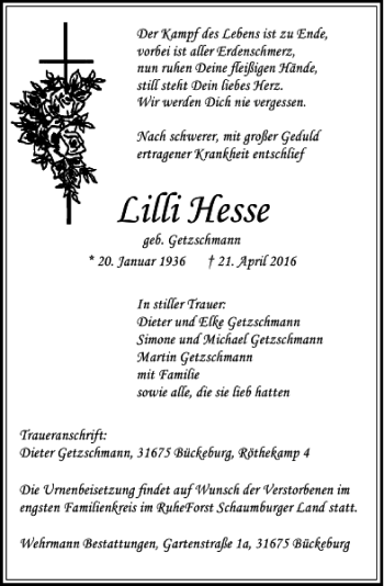 Traueranzeigen von Trauer Lilli Hesse | trauer-anzeigen.de