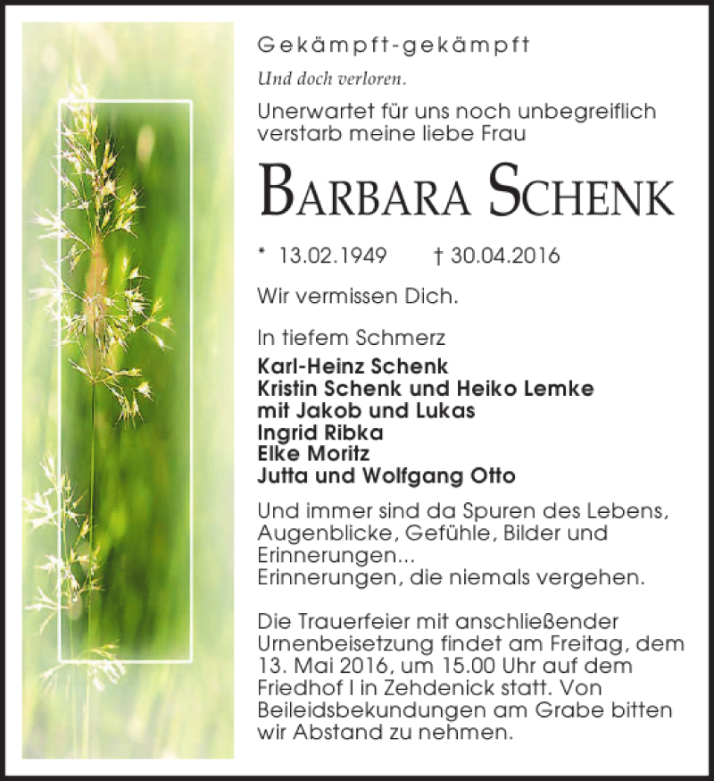 Traueranzeigen von Barbara Schenk | trauer-anzeigen.de