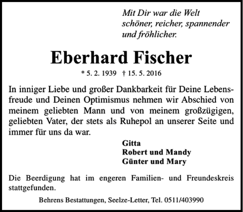 Traueranzeigen von Eberhard Fischer | trauer-anzeigen.de