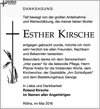 Traueranzeigen von Esther Kirsche | trauer-anzeigen.de
