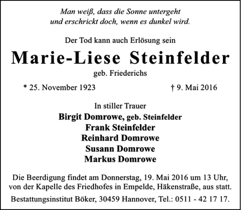 Traueranzeigen von Marie-liese steinfelder | trauer-anzeigen.de