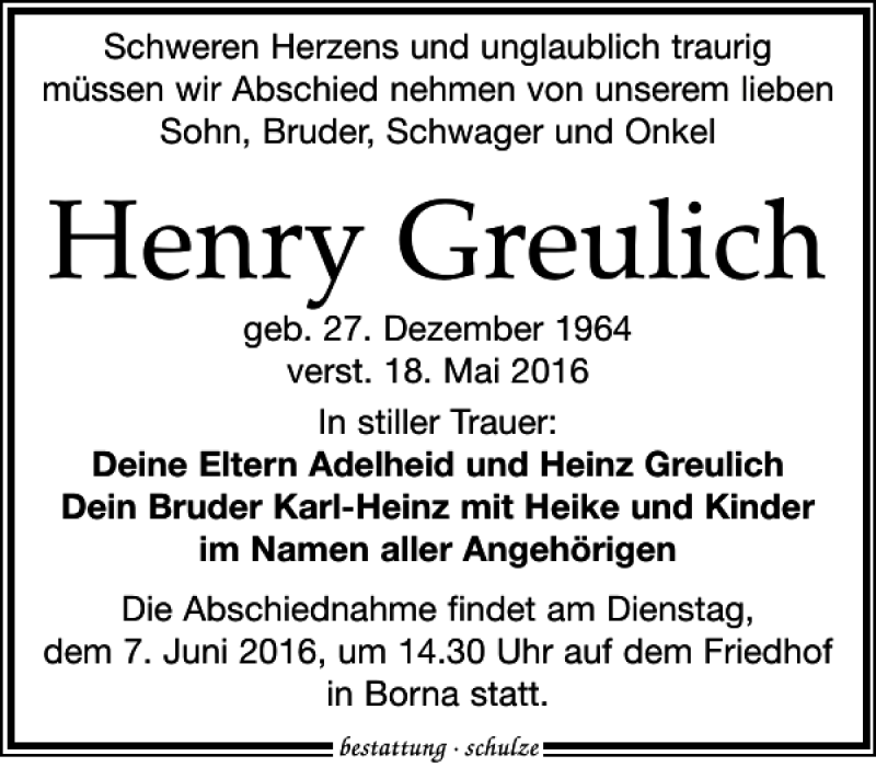 Traueranzeigen von Henry Greulich | trauer-anzeigen.de