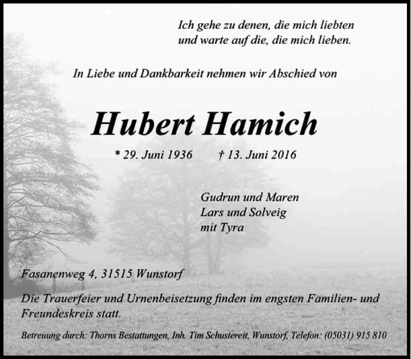 Traueranzeigen von Hubert Hamich | trauer-anzeigen.de