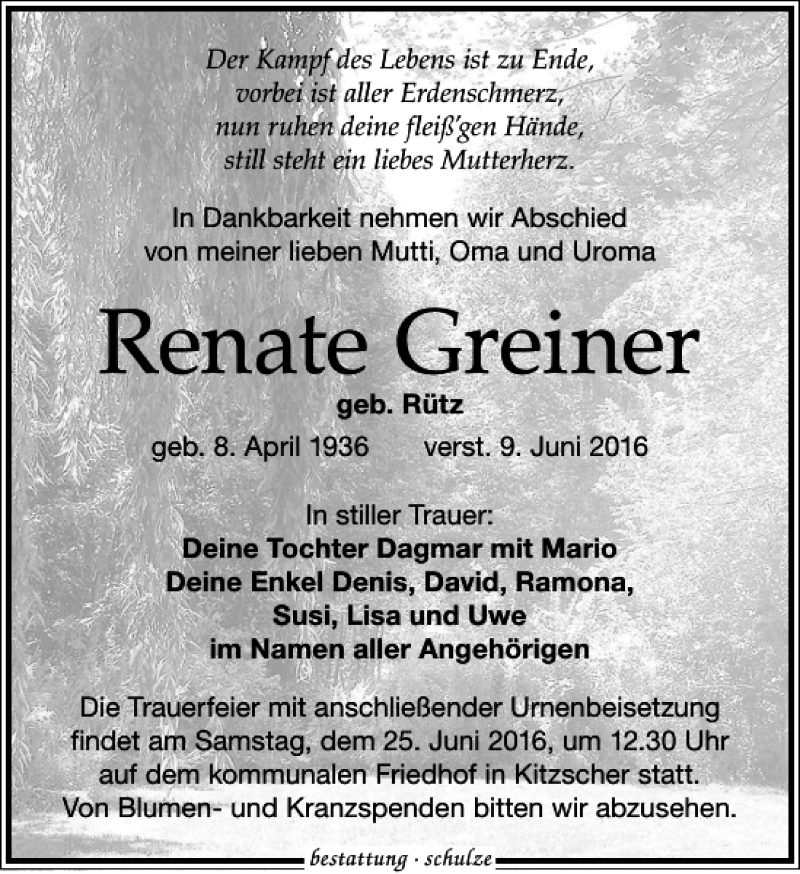 Traueranzeigen von Renate Greiner | trauer-anzeigen.de