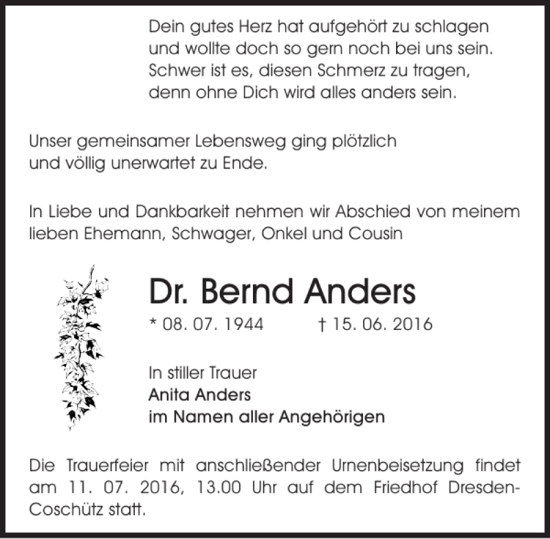 Traueranzeigen von Dr. Bernd Anders | trauer-anzeigen.de