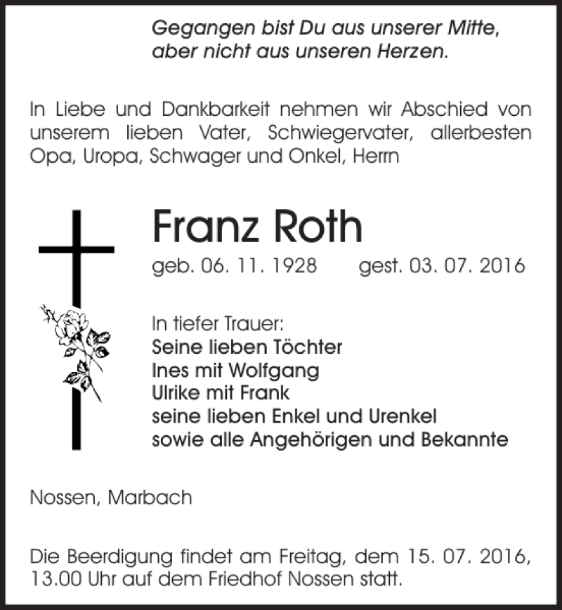 Traueranzeigen von Franz Roth | trauer-anzeigen.de