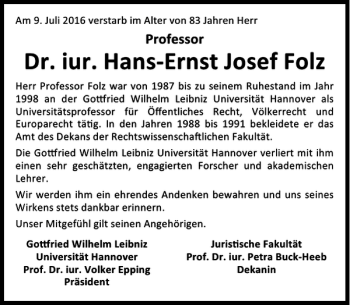 Traueranzeigen von Hans-Ernst Josef Folz | trauer-anzeigen.de