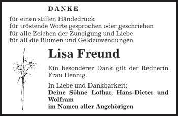 Traueranzeigen von Lisa Freund | trauer-anzeigen.de