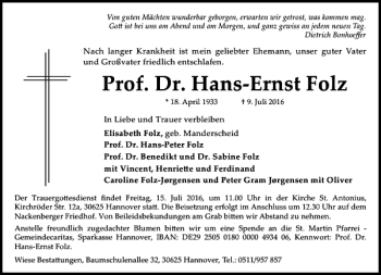 Traueranzeigen von Prof. Dr. Hans-Ernst Folz | trauer-anzeigen.de