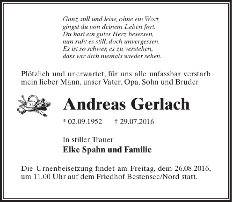 Traueranzeigen von Andreas Gerlach | trauer-anzeigen.de
