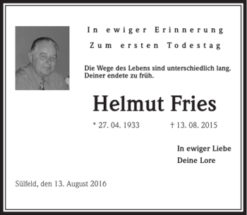 Traueranzeigen von Helmut Fries | trauer-anzeigen.de