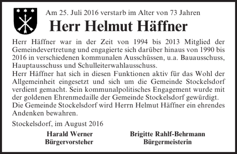 Traueranzeigen von Helmut Häffner | trauer-anzeigen.de