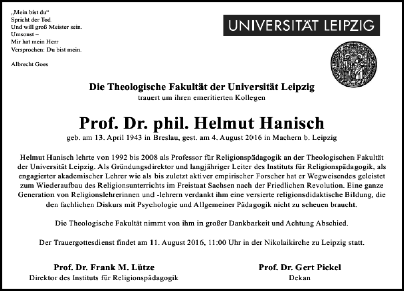 Traueranzeigen von Prof. Dr. phil. Helmut Hanisch | trauer-anzeigen.de