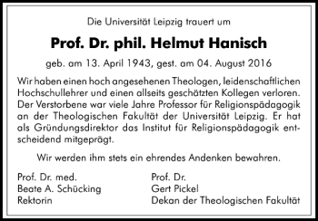 Traueranzeigen von Prof. Dr. phil. Helmut Hanisch | trauer-anzeigen.de