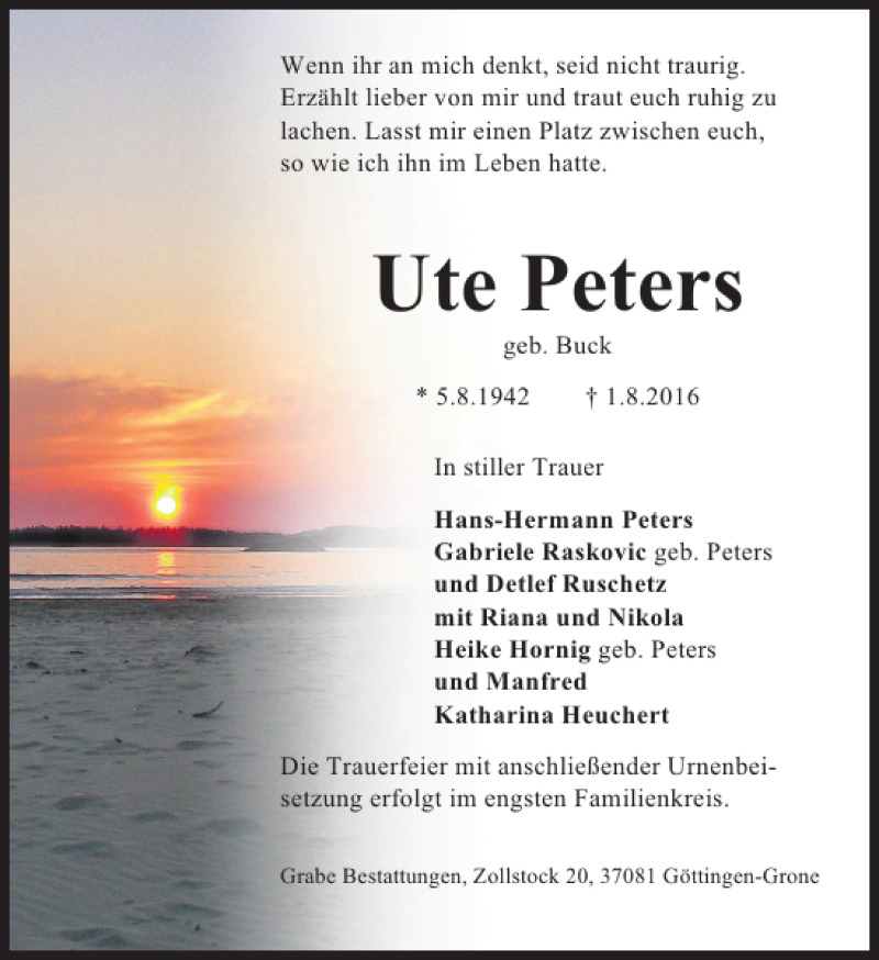 Traueranzeigen von Ute Peters | trauer-anzeigen.de