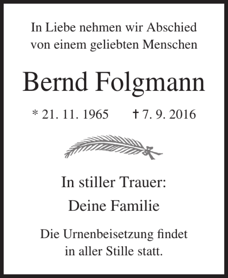 Traueranzeigen von Bernd Folgmann | trauer-anzeigen.de
