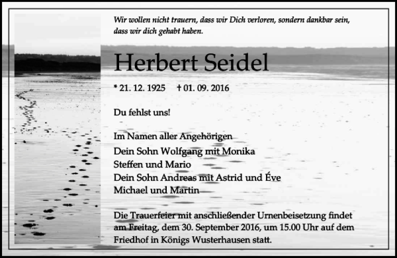 Traueranzeigen von Herbert Seidel | trauer-anzeigen.de