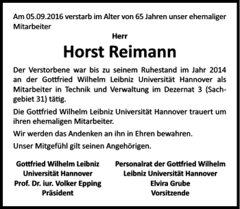 Traueranzeigen von Horst Reimann | trauer-anzeigen.de