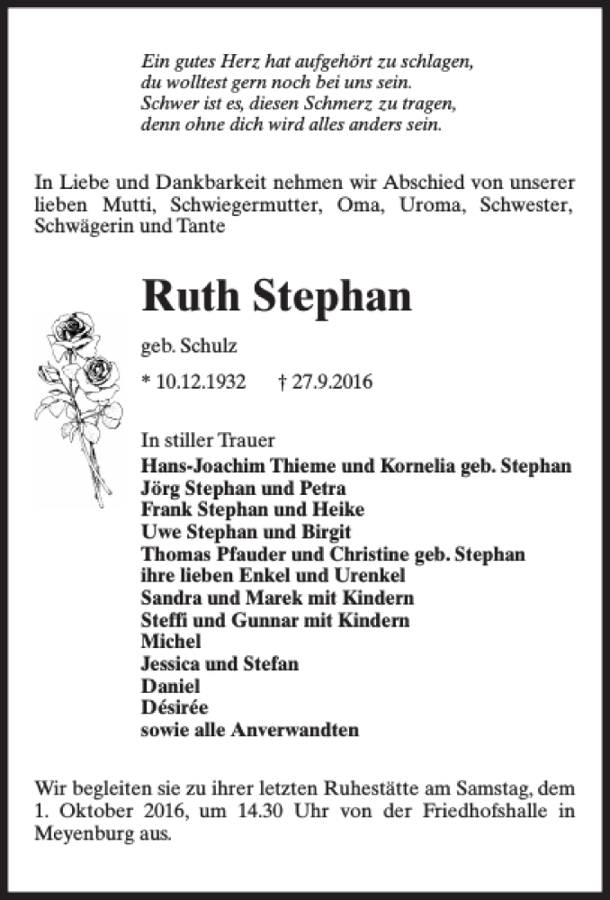 Traueranzeigen von Ruth Stephan | trauer-anzeigen.de