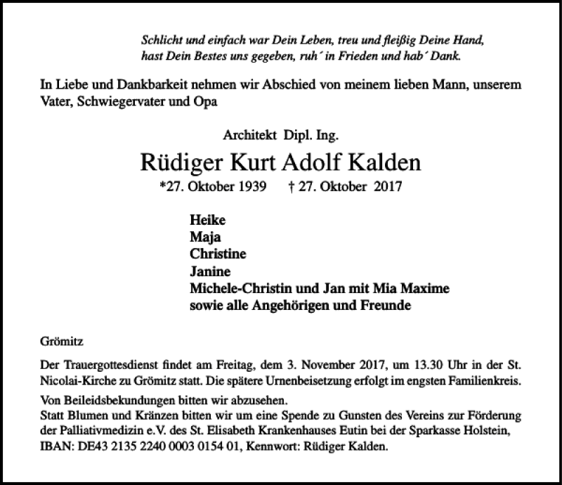 Traueranzeigen von Rüdiger Kurt Adolf Kalden | trauer-anzeigen.de