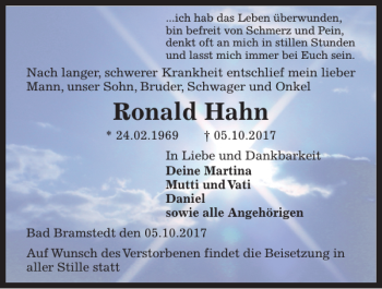 Traueranzeigen von Ronald Hahn | trauer-anzeigen.de