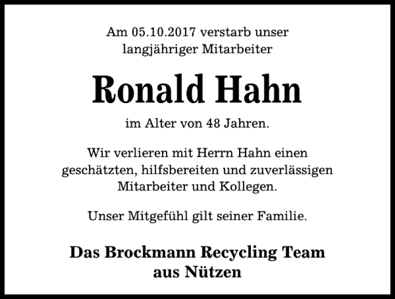 Traueranzeigen von Ronald Hahn | trauer-anzeigen.de