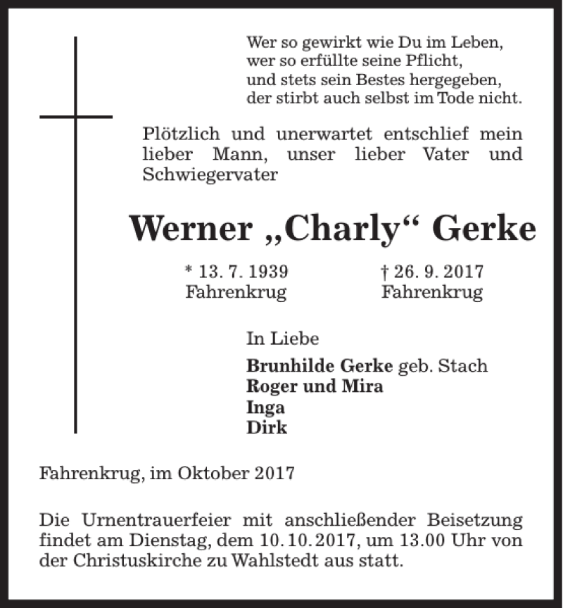 Traueranzeigen von Werner 'Charly' Gerke | trauer-anzeigen.de