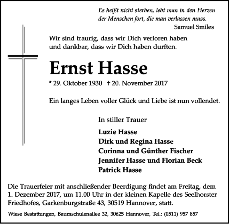 Traueranzeigen von Ernst Hasse | trauer-anzeigen.de