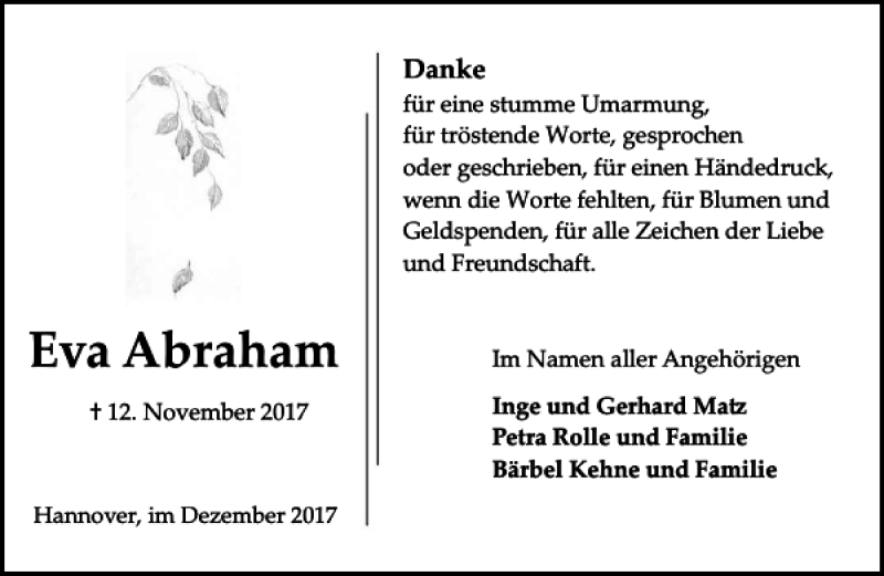 Traueranzeigen von Eva Abraham | trauer-anzeigen.de