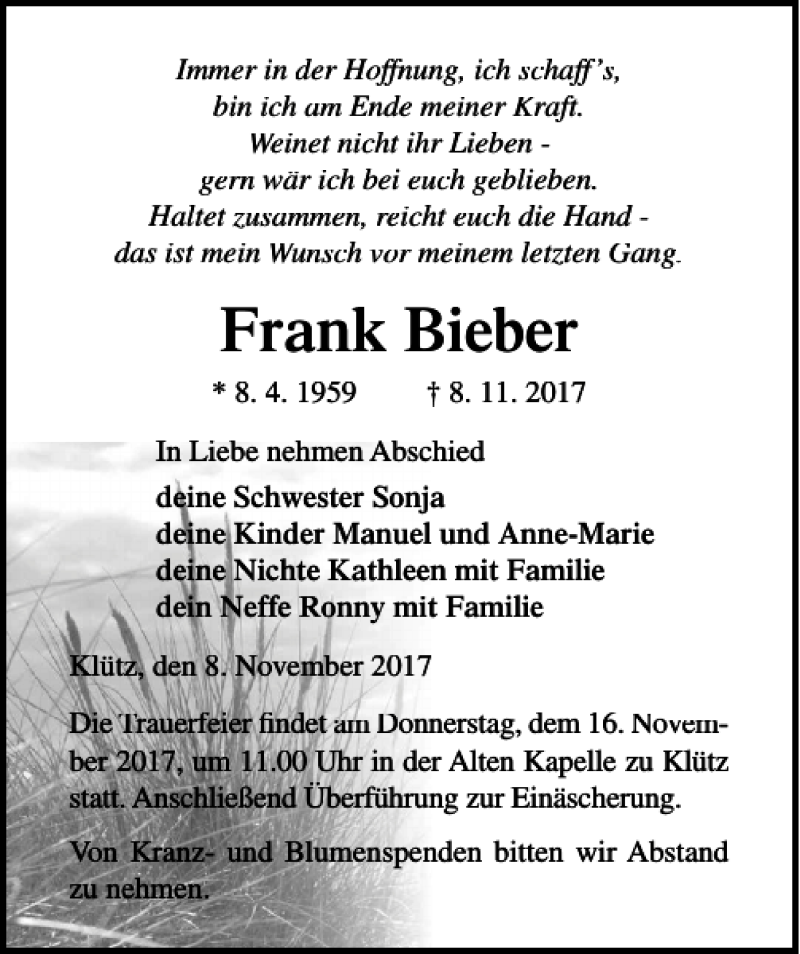 Traueranzeigen von Frank Bieber | trauer-anzeigen.de