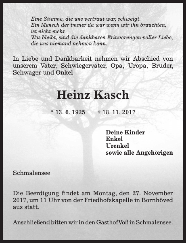 Traueranzeigen von Heinz Kasch | trauer-anzeigen.de