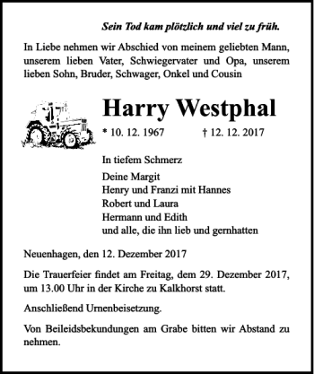 Traueranzeigen von Harry Westphal | trauer-anzeigen.de