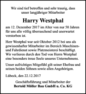 Traueranzeigen von Harry Westphal | trauer-anzeigen.de