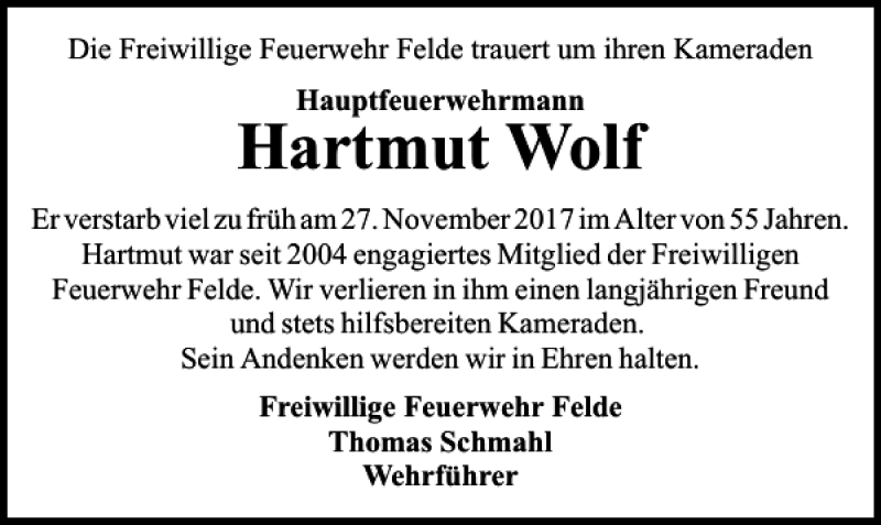 Traueranzeigen von Hartmut Wolf | trauer-anzeigen.de
