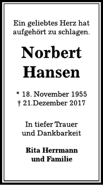 Traueranzeigen von Norbert Hansen | trauer-anzeigen.de