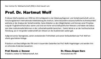 Traueranzeigen von Prof. Dr. Hartmut Wolf | trauer-anzeigen.de