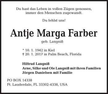 Traueranzeigen von Antje Marga Faber | trauer-anzeigen.de