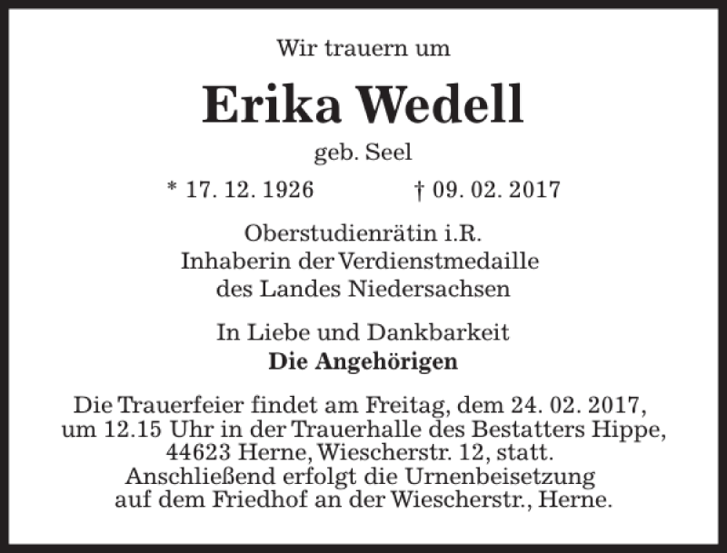 Traueranzeigen von Erika Wedell | trauer-anzeigen.de
