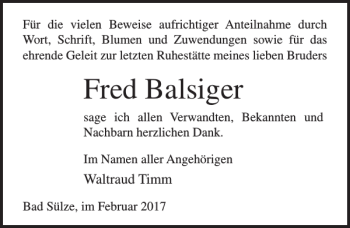 Traueranzeigen von Fred Balsiger | trauer-anzeigen.de