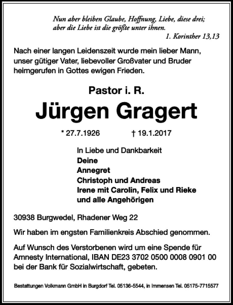 Traueranzeigen von Jürgen Gragert | trauer-anzeigen.de