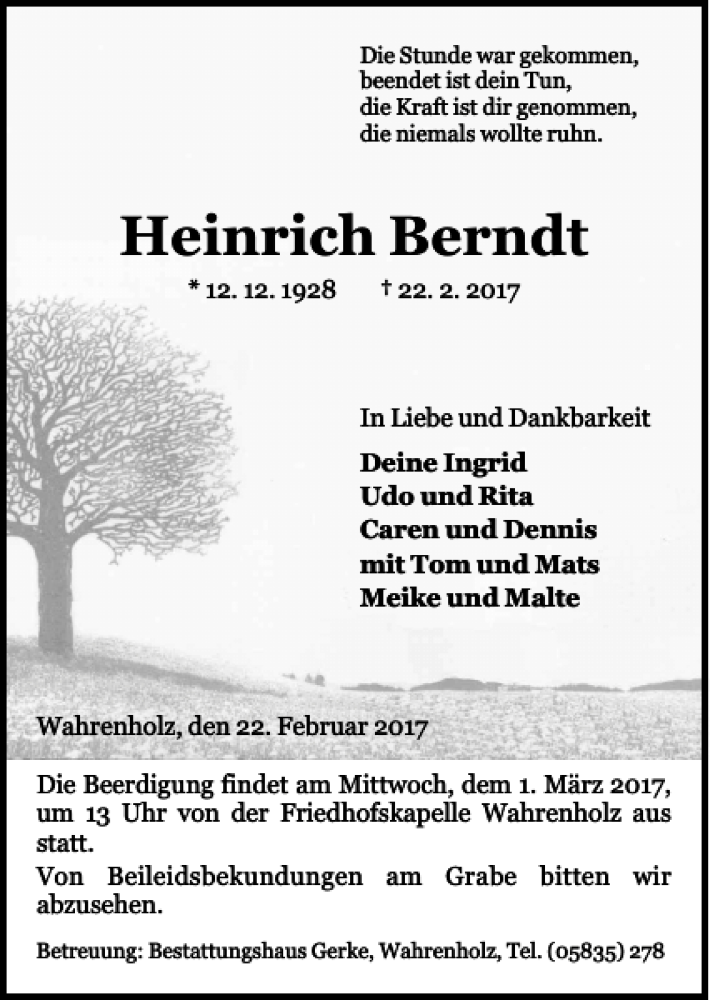 Traueranzeigen von heinrich Berndt | trauer-anzeigen.de