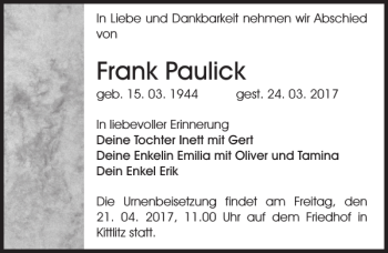 Traueranzeigen von Frank Paulick | trauer-anzeigen.de