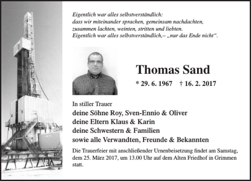 Traueranzeigen von Thomas Sand | trauer-anzeigen.de